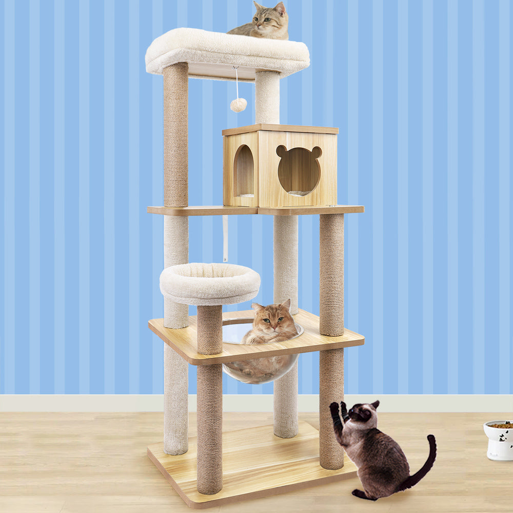 Cat Tree Tower Scratching Post Wood Scratcher Condo House Bed 143cm ...
