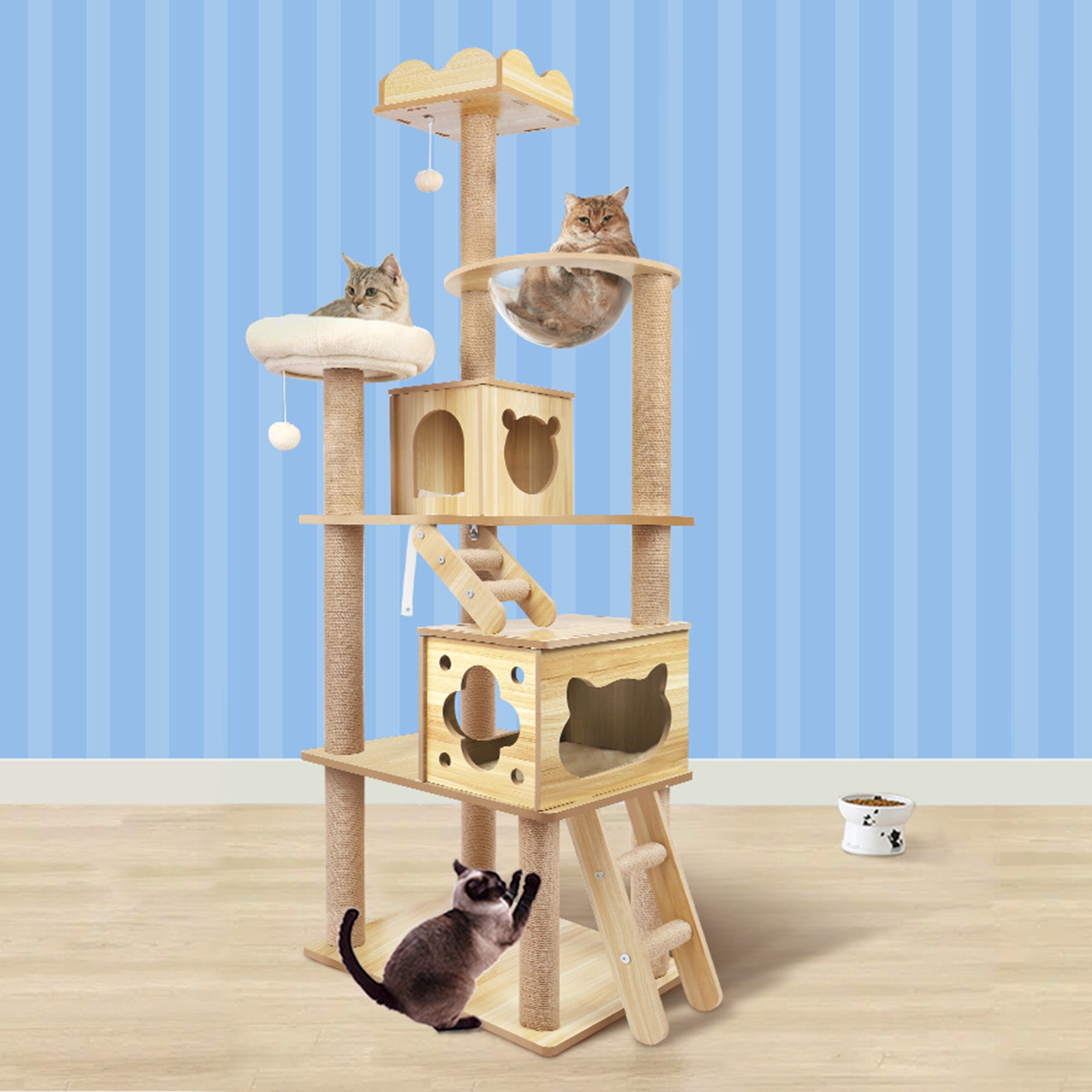 Cat Tree Tower Scratching Post Wood Scratcher Condo House Bed 190cm ...