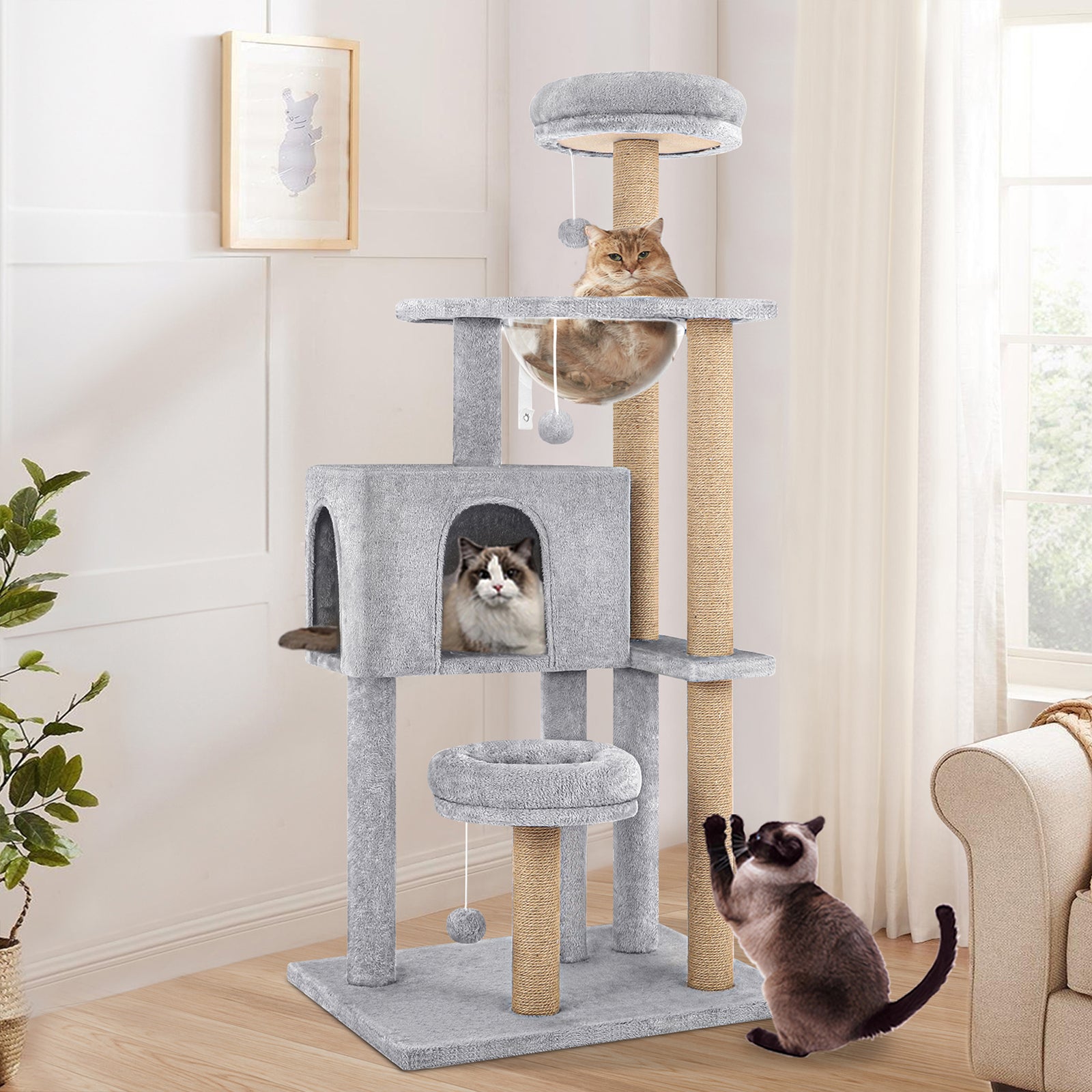Cat Tree Tower Scratching Post Wood Scratcher Condo House Bed 141cm ...